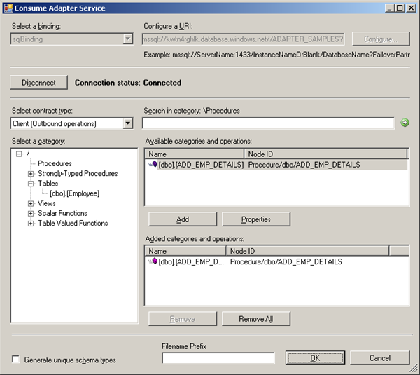 WCF-SQL Adapter Stored Procedure : SQL Azure